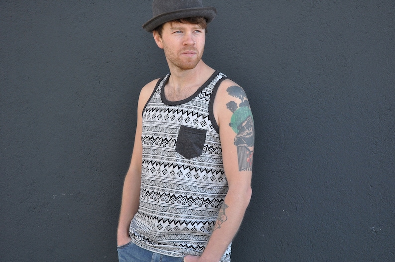 Tank Top With Geometric Pattern for Men With Pocket in Grey | Etsy