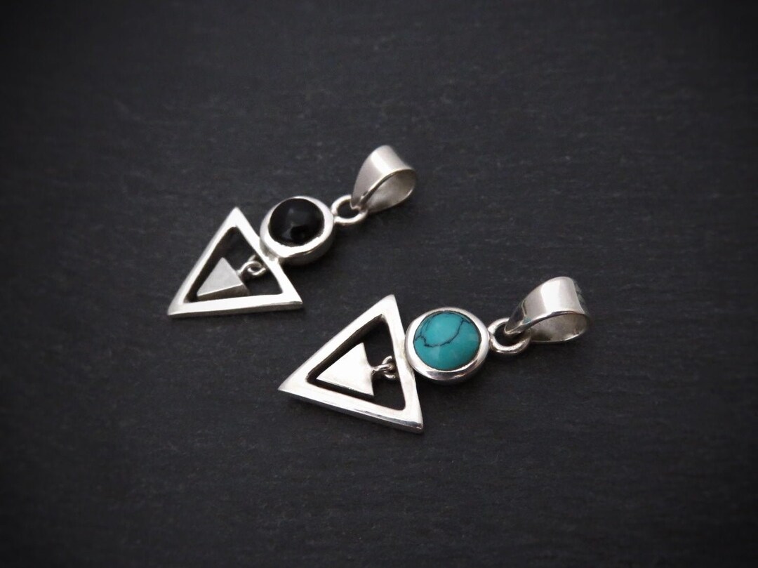 Triangle Pendant With Stone and Small Dangling Triangle Silver - Etsy