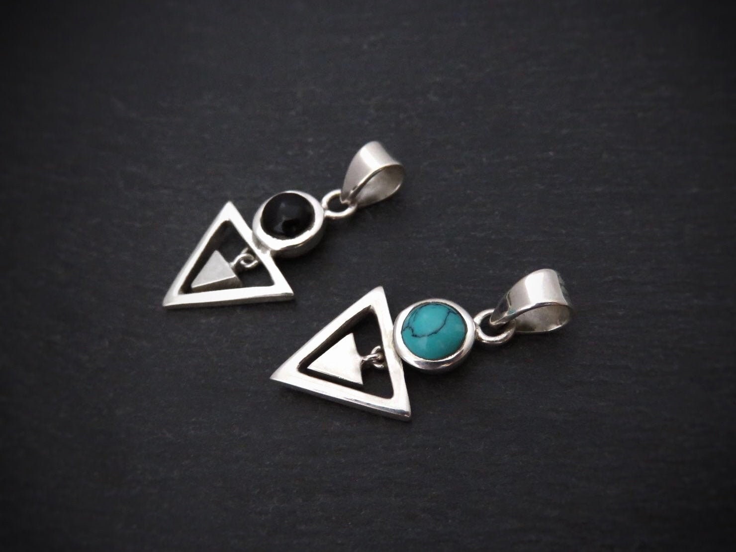 Triangle pendant with stone and small dangling triangle silver | Etsy