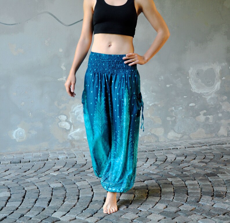 Colorful summer pants turquoise with pockets | Etsy