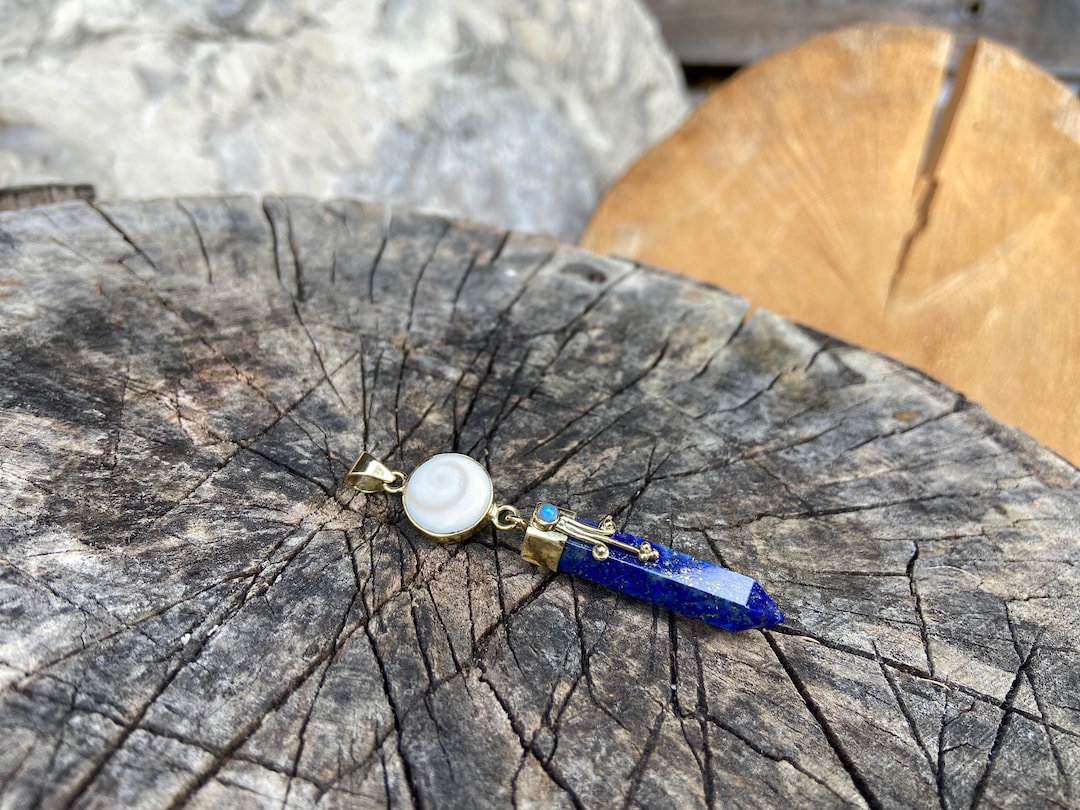 Pendant With Lapis Lazuli Crystal Stone, Operculum, Spirals, Dots and ...
