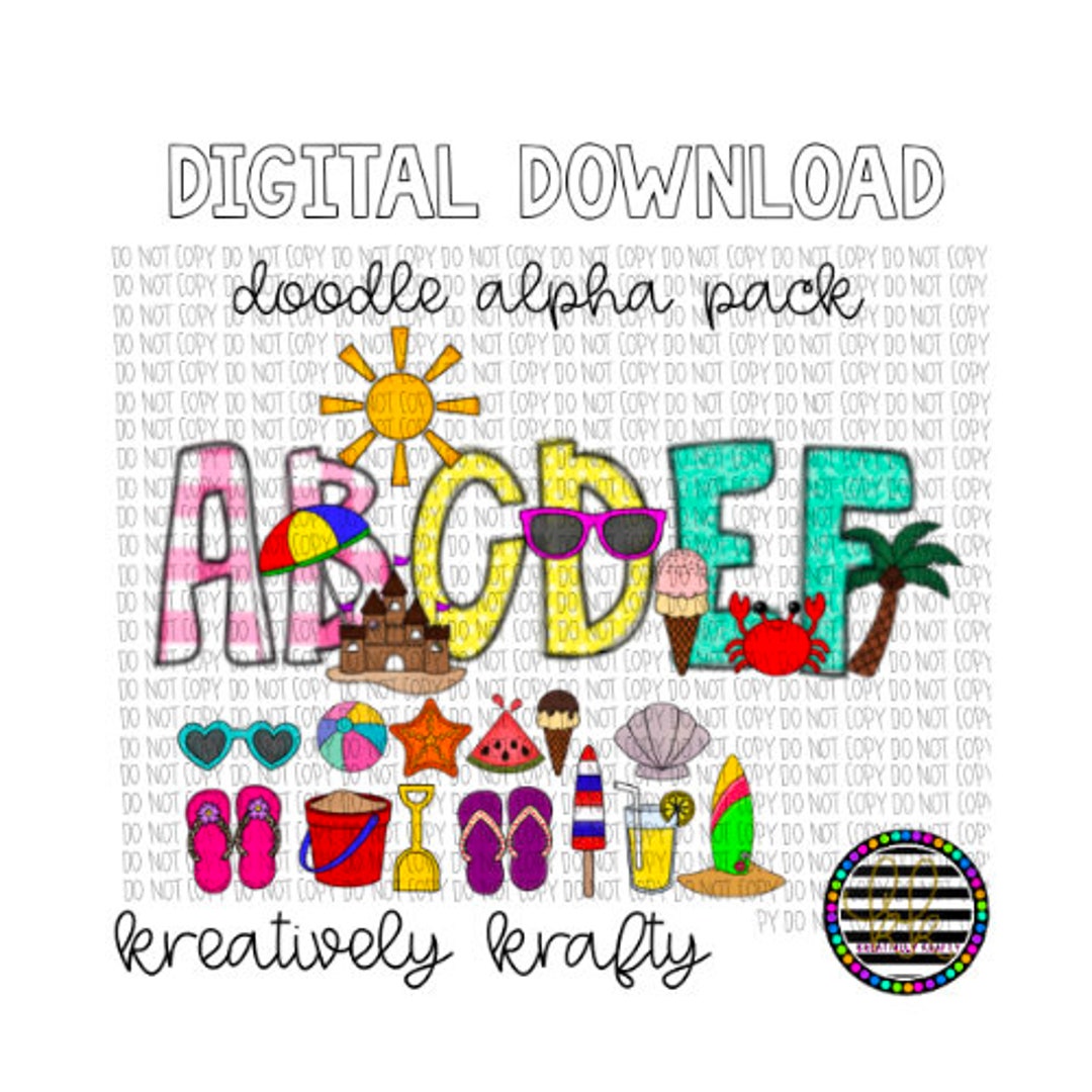 BEACH/SUMMER Doodle Alphabet ~ SUBLIMATION Letters Png Digital Download ...