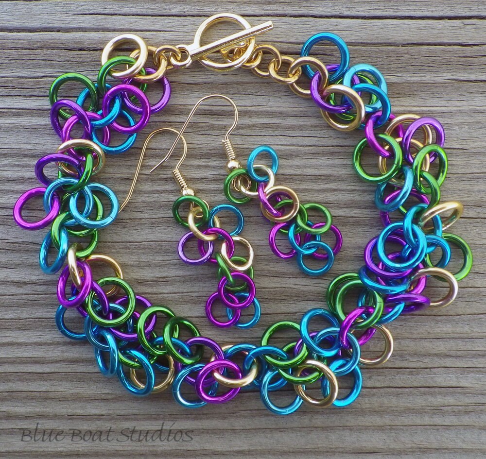 Colorful Chainmaille Jewelry Set Chainmaille Bracelet and Earrings ...