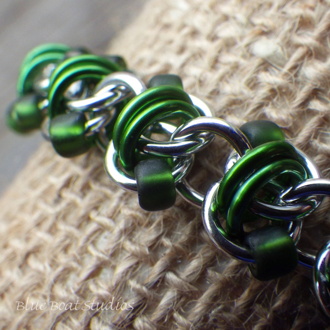 Beaded Chain Maille Bracelet in Silver and Green Anodized - Etsy