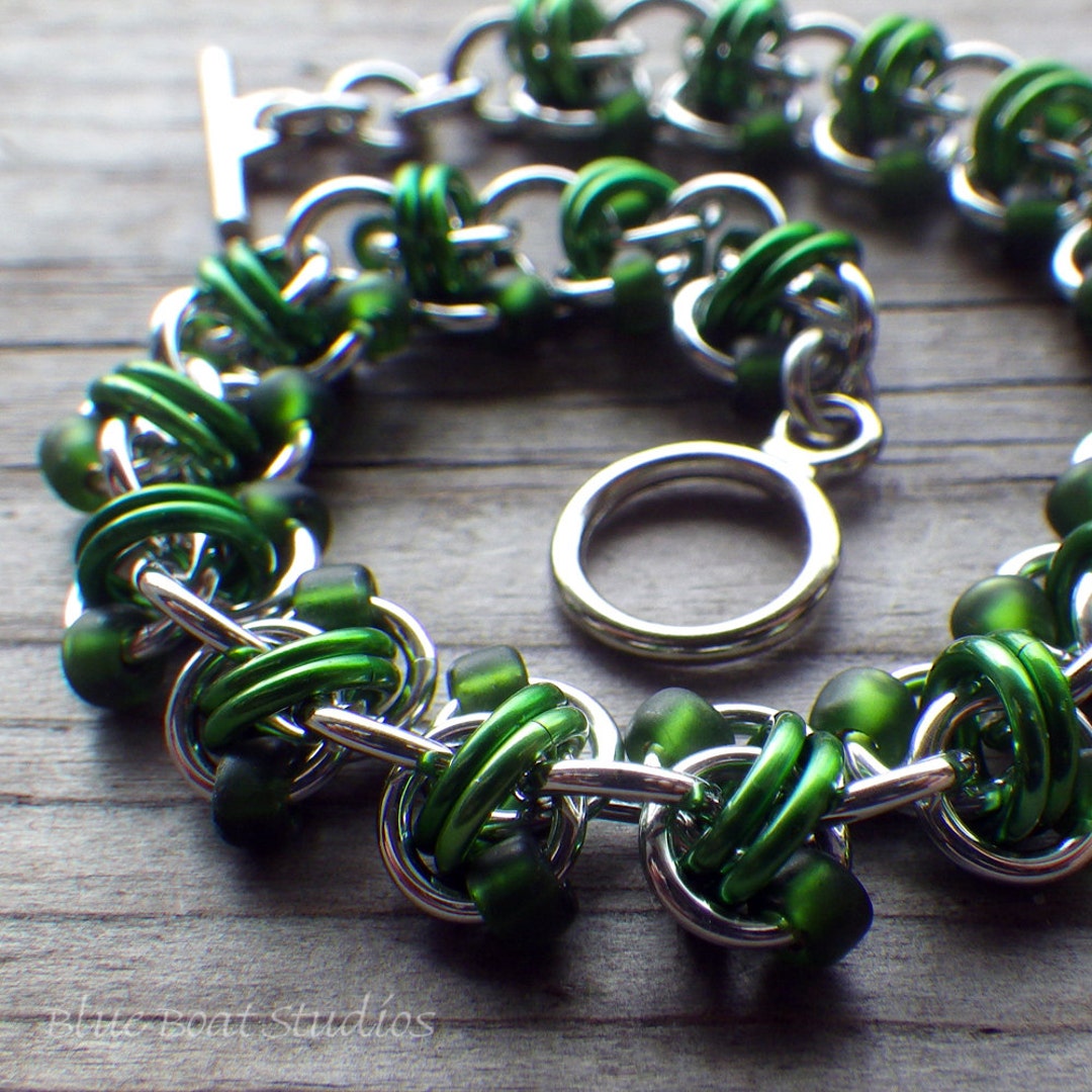 Beaded Chain Maille Bracelet in Silver and Green Anodized Aluminum ...