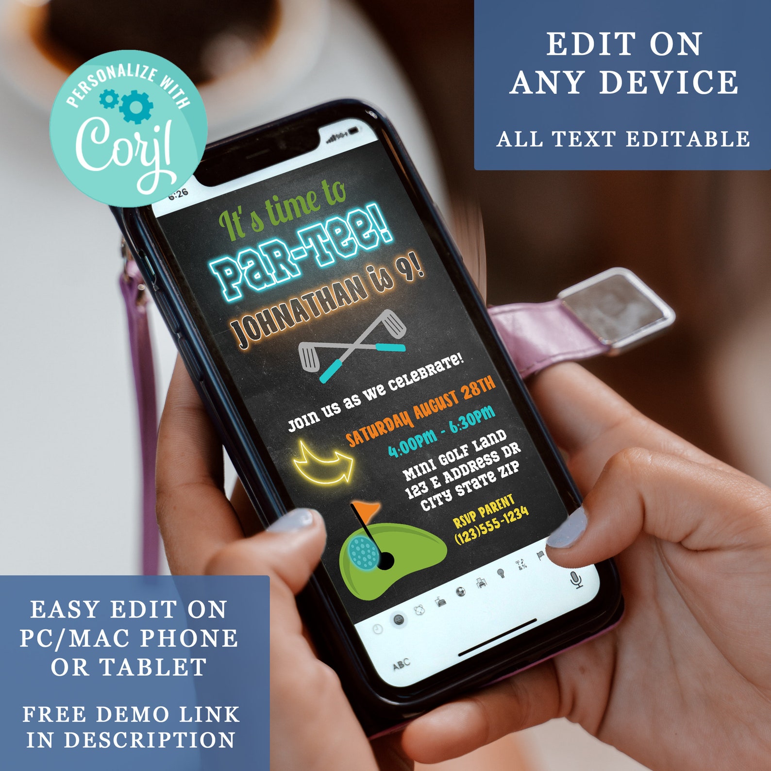 Kids Mini Golf Birthday Invitation Neon Party Invite Boy - Etsy