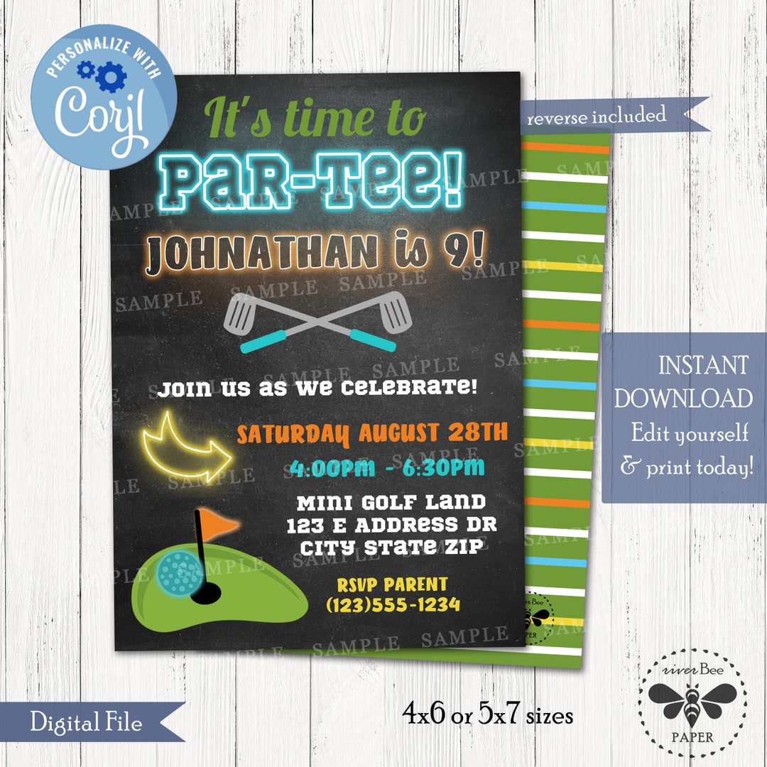 Kids Mini Golf Birthday Invitation, Neon Party Invite, Boy Golf Party ...