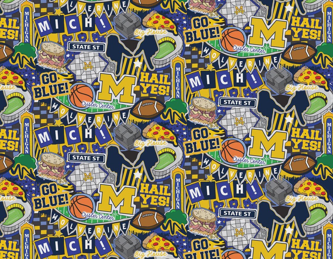 University of Michigan Wolverines Fabric 100% Cotton Doodle Officially ...