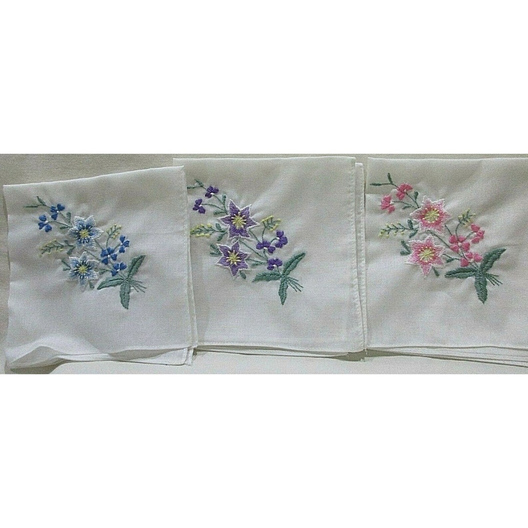 Lot of 3 Hand Embroidered 100% Fine White Linen Handkerchiefs 11.5" X ...