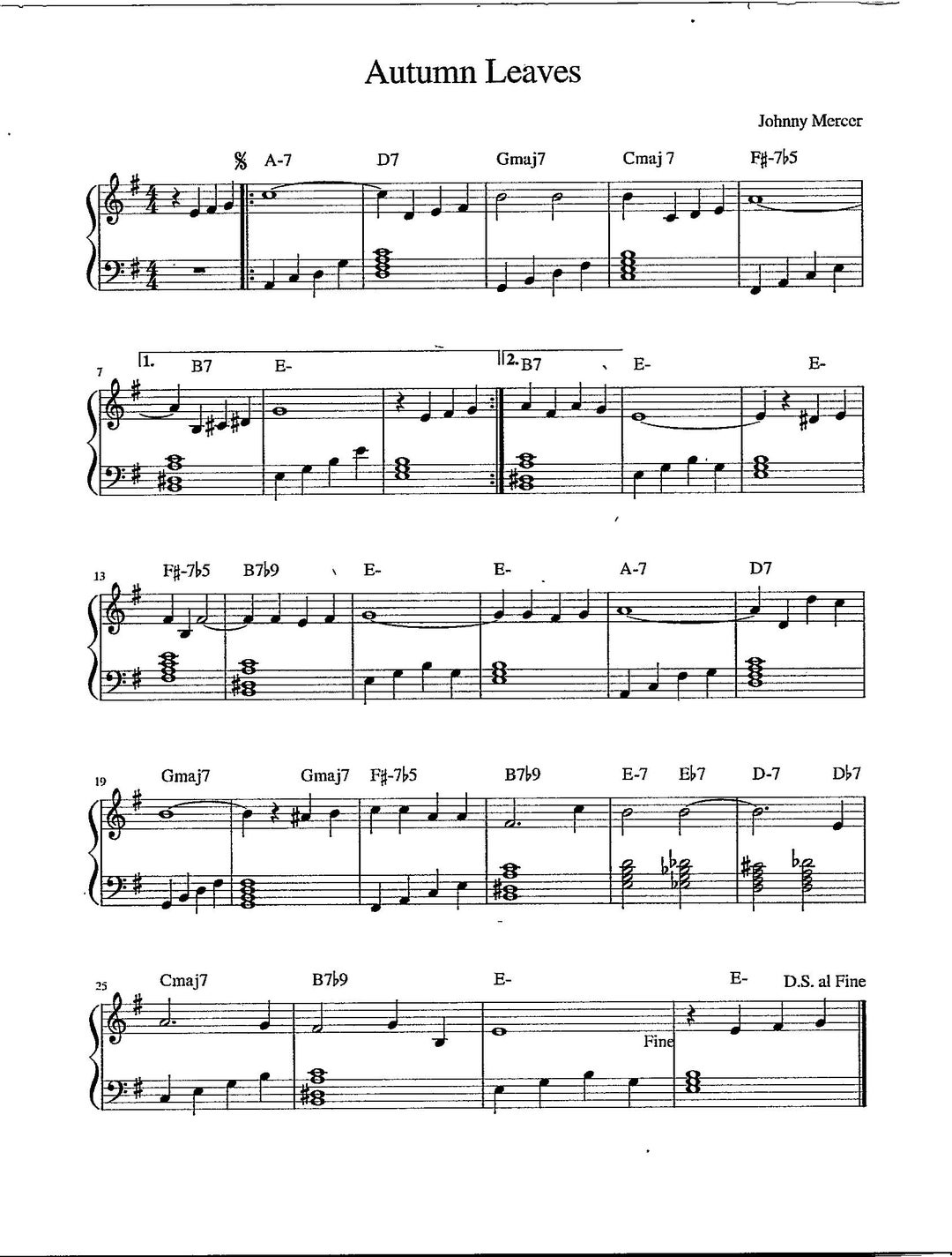 Autumn Leaves - Digital Easy Teaching Arrangement Piano Solo - Key of E ...