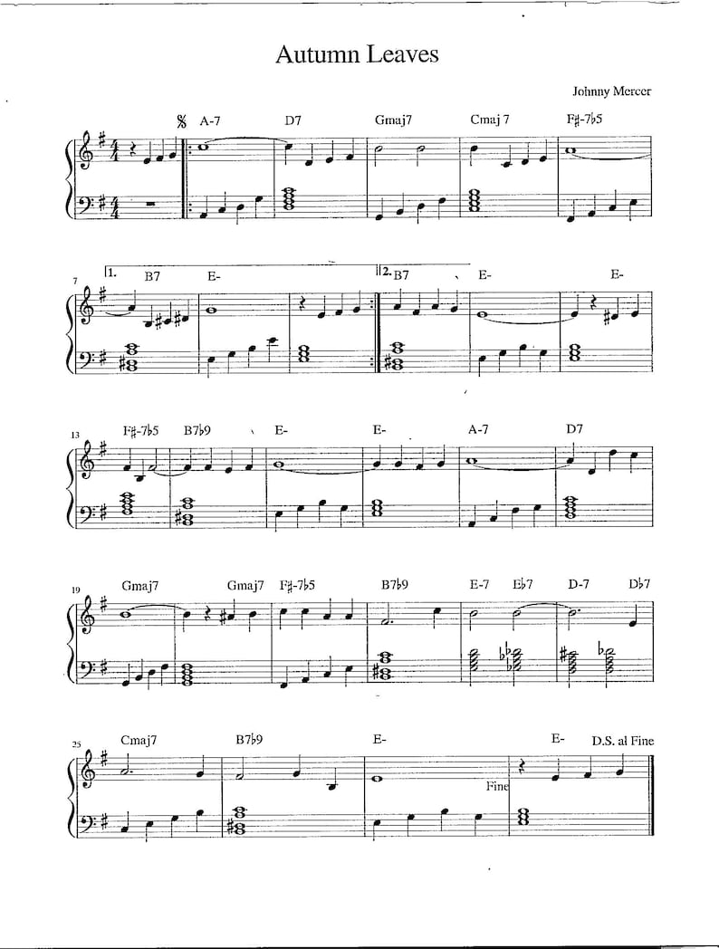 Autumn Leaves - Digital Easy Teaching Arrangement Piano Solo - Key of E ...