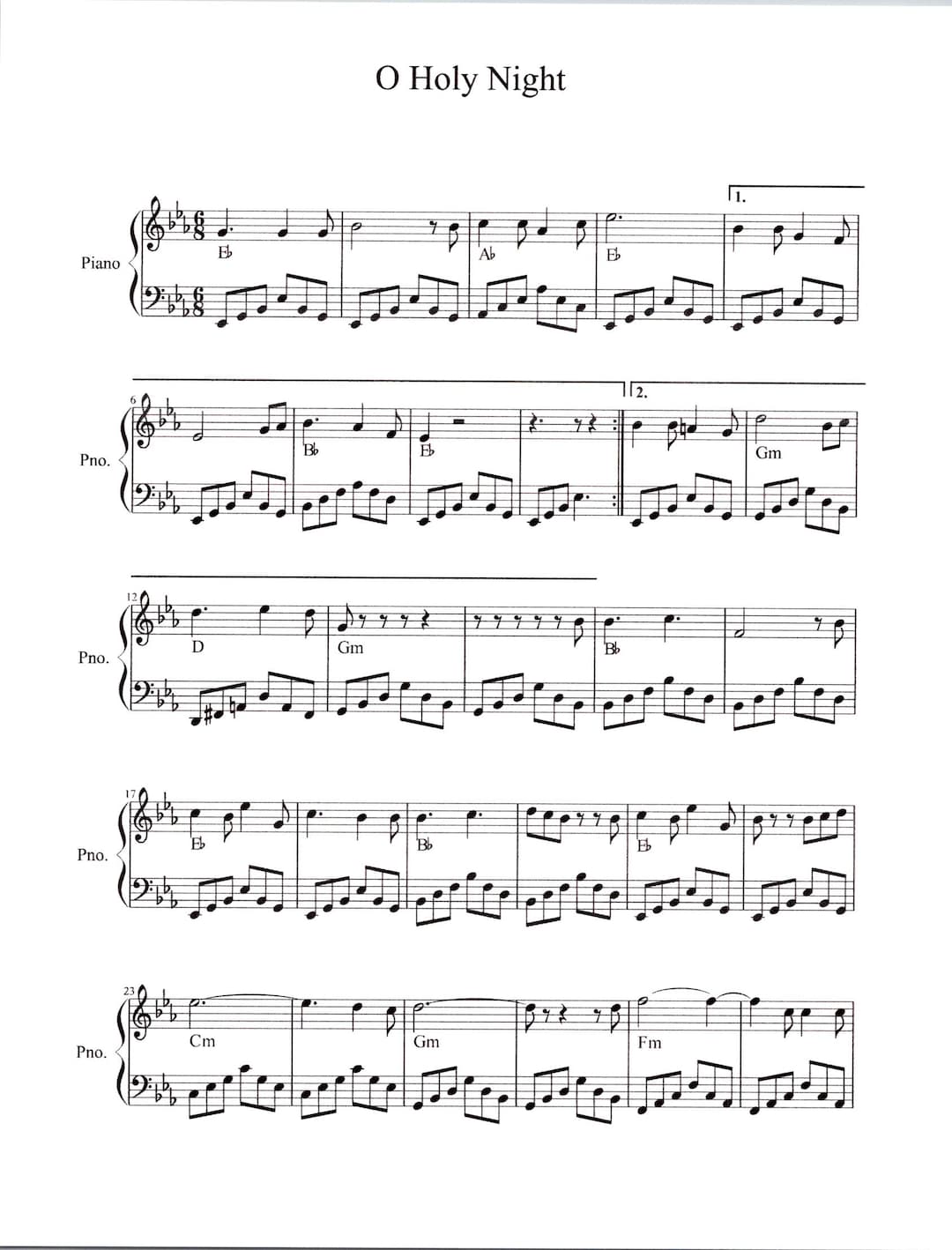 O Holy Night Piano Solo - Digital Christmas Tune Sheet Music - Key of E ...