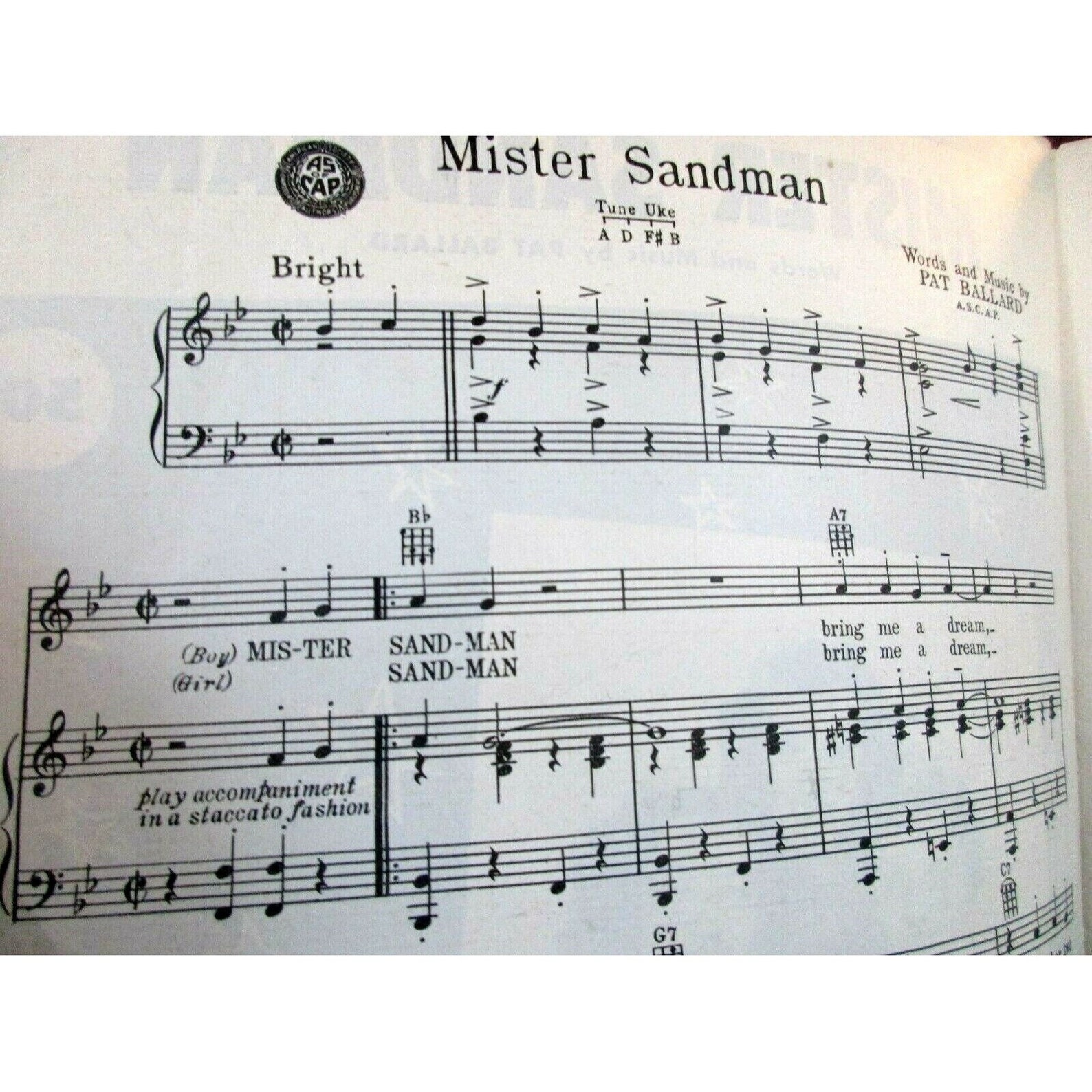 VTG Piano Sheet Music - Mister Sandman 1954 Key of B Flat Guitar Chords ...