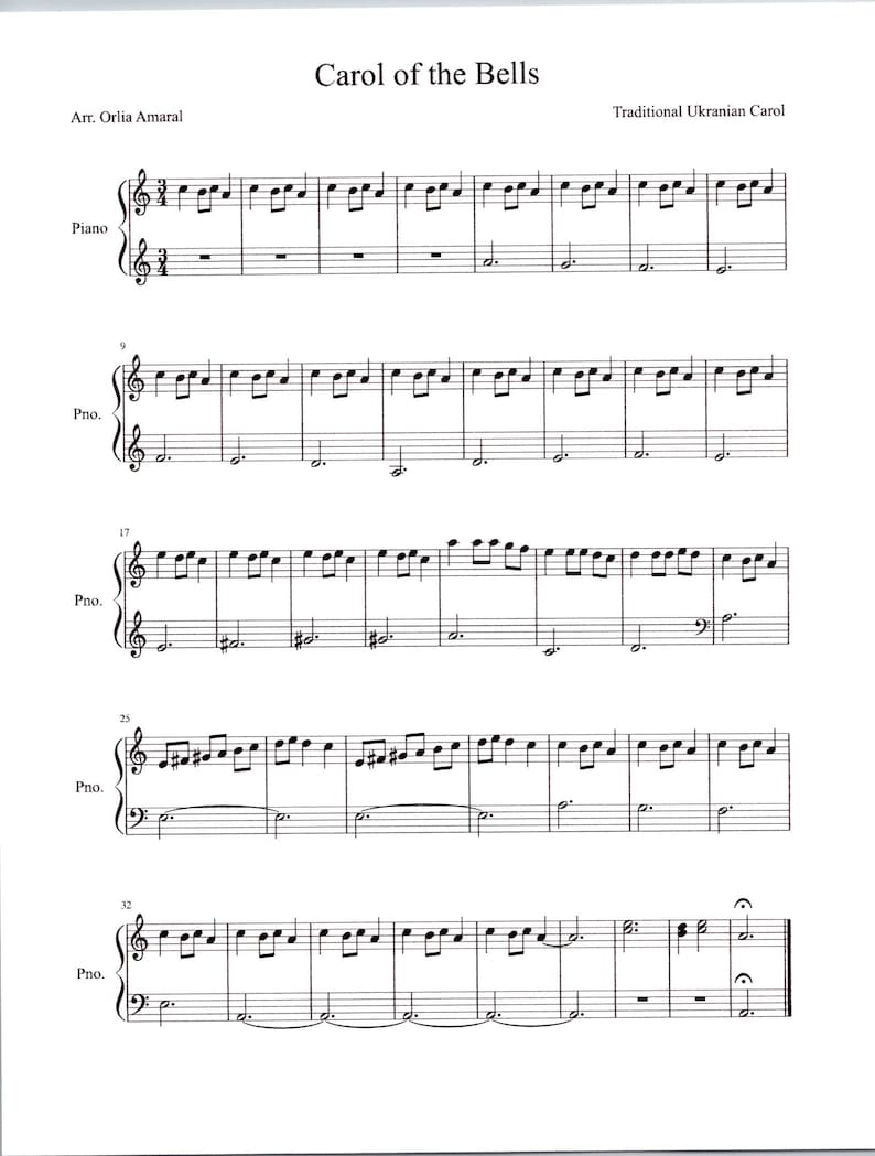 Carol of the Bells Traditional Ukranian Carol - Easy Printable Sheet ...