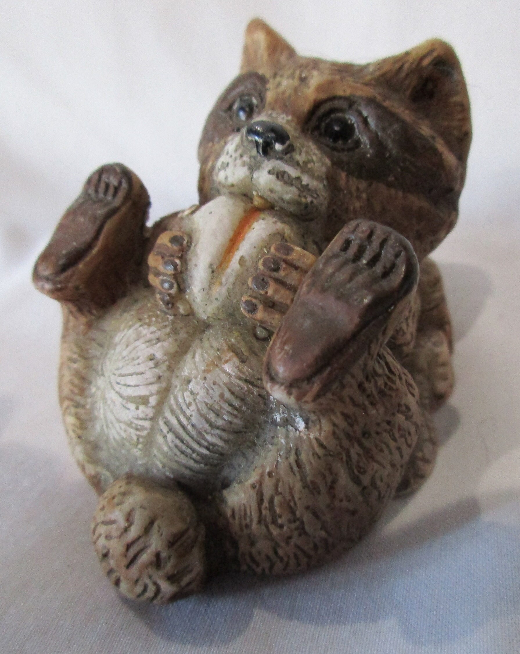 Mapache marrón pequeño en un tronco de árbol comiendo figura de fruta ...