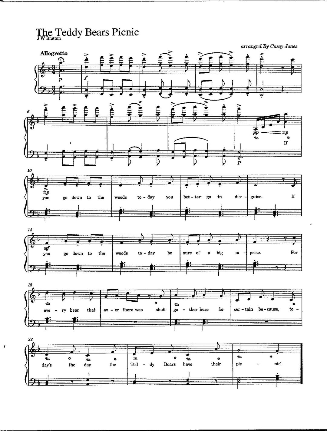 The Teddy Bears Picnic - Digital Piano Sheet Music With Lyrics - Key of ...