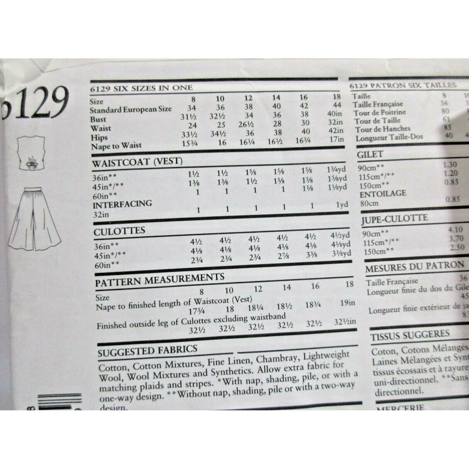 Simplicity New Look Pattern 6129 Sizes 8 18 Misses Vest & Culottes ...
