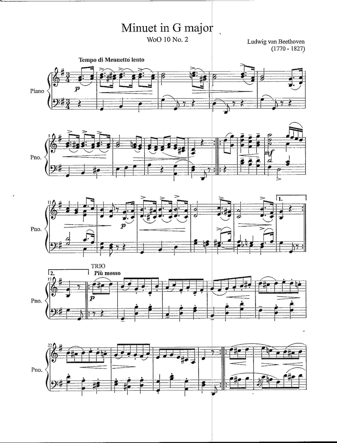 Minuet in G Major - Digital Classic Piano Solo by Beethoven - Key of G ...