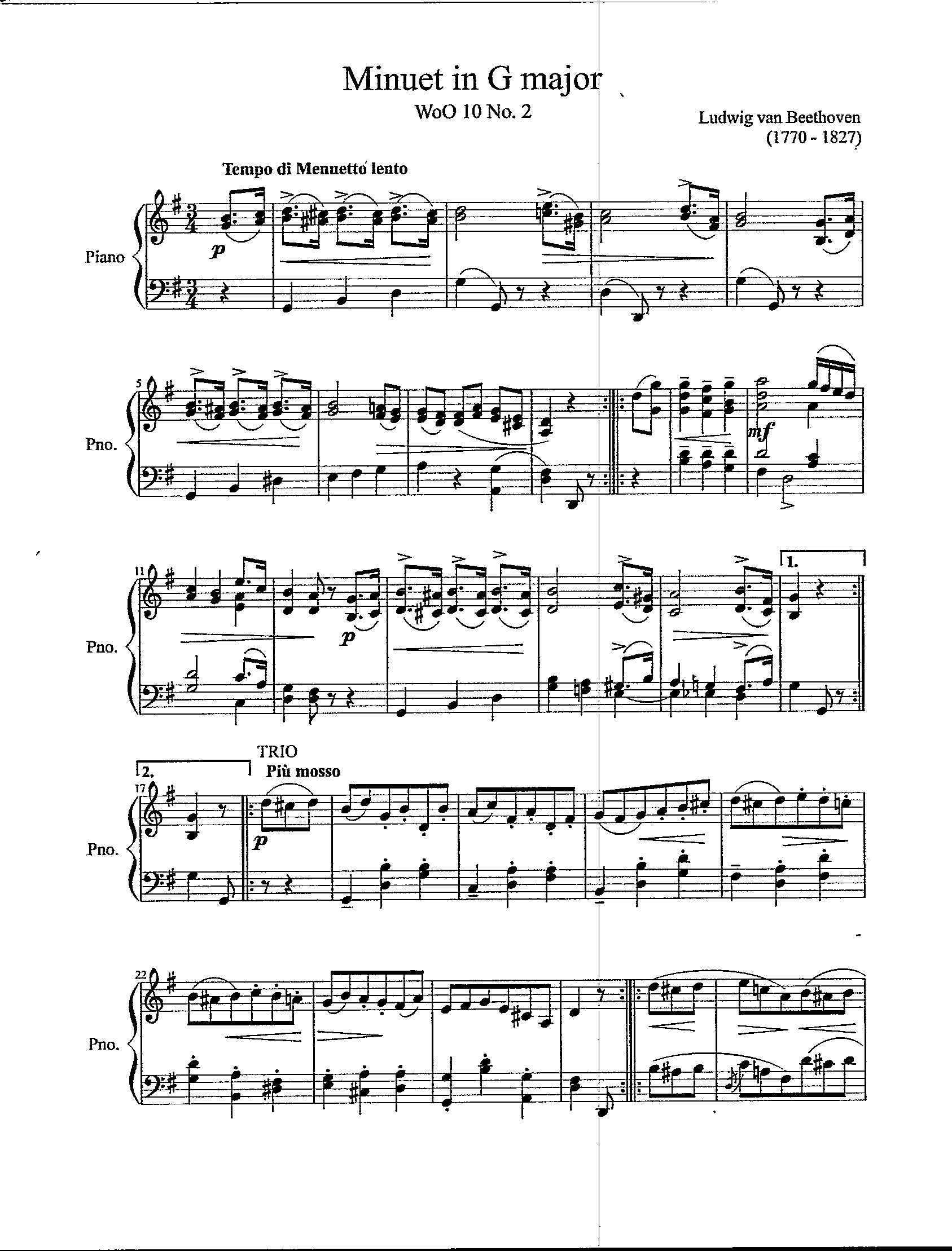 Minuet in G Major - Digital Classic Piano Solo by Beethoven - Key of G ...