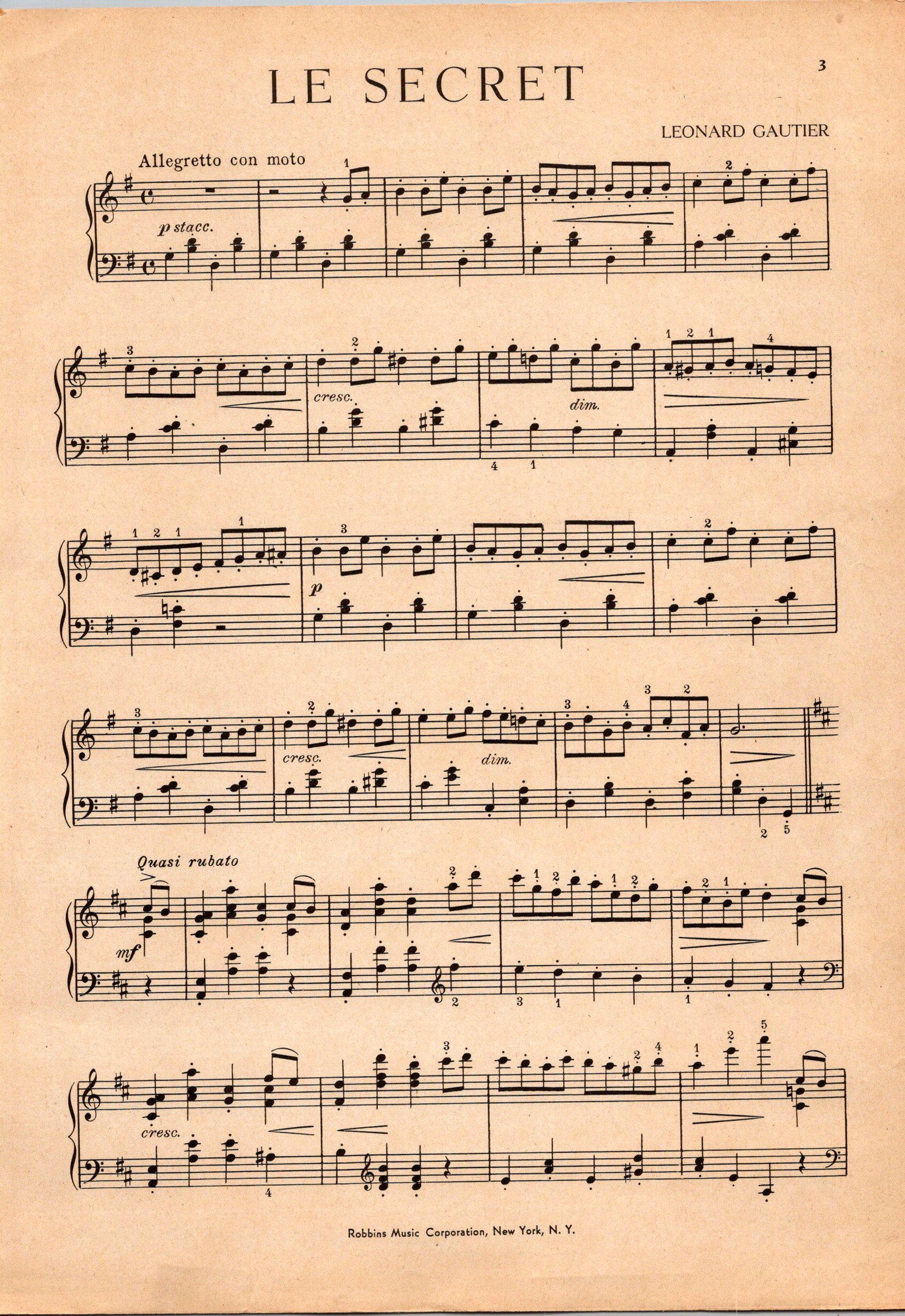 Le Secret by Leonard Gautier - Printable Piano Solo Sheet Music - Etsy
