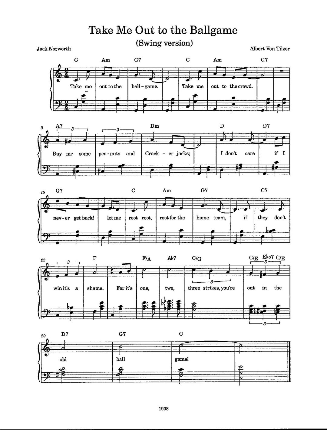 Take Me Out to the Ballgame - Digital Piano With Lyrics Sheet Music ...