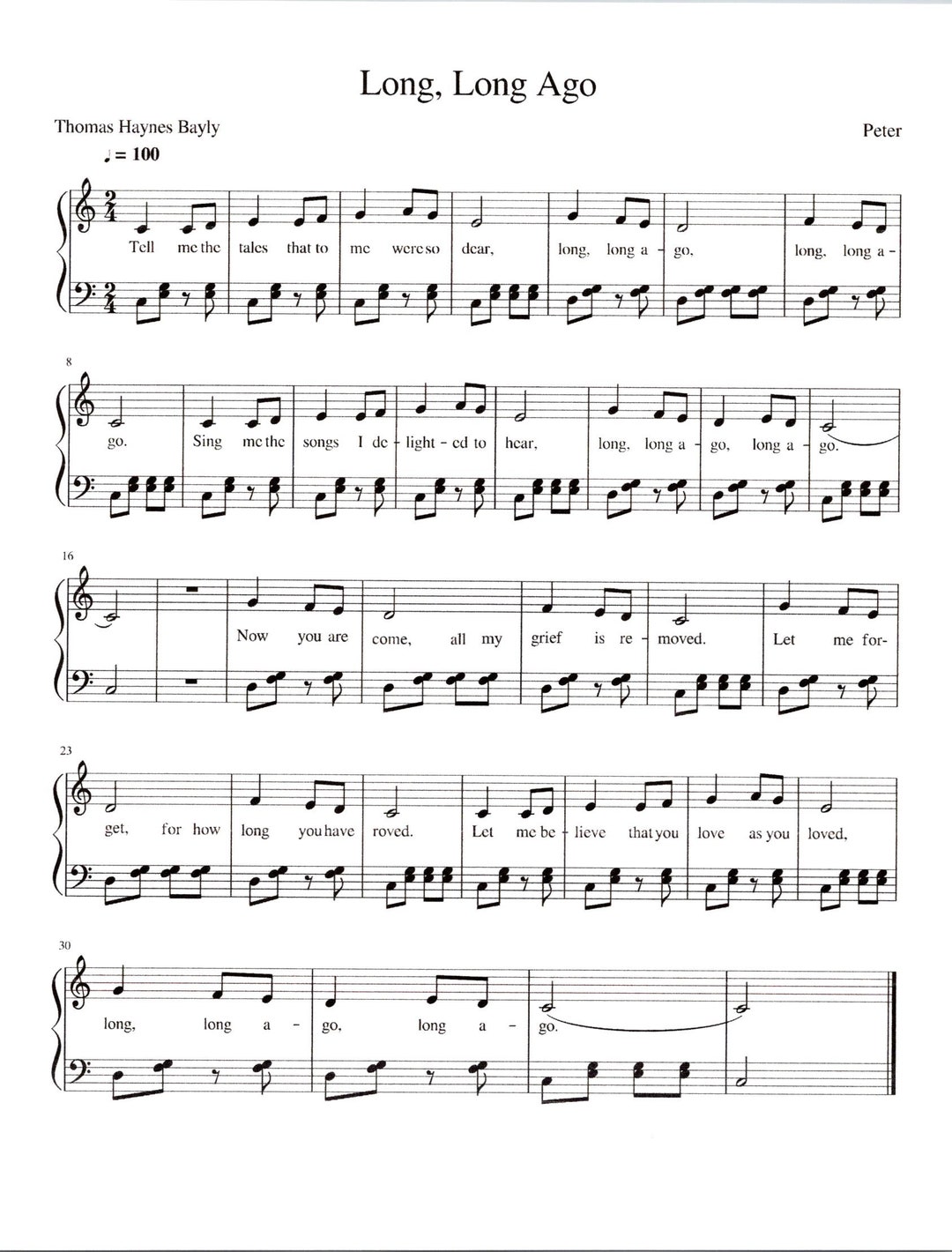 Long Long Ago - Digital Sheet Music Piano and Vocal - Key of C - Etsy