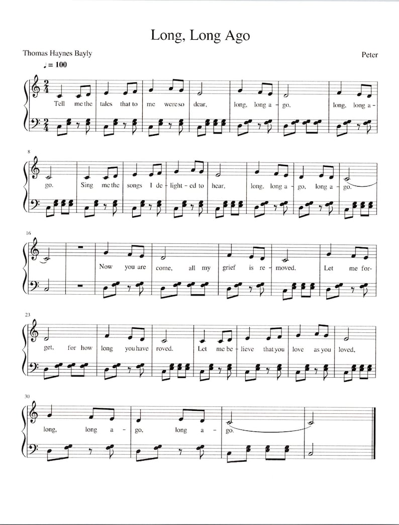 Long Long Ago - Digital Sheet Music Piano and Vocal - Key of C - Etsy