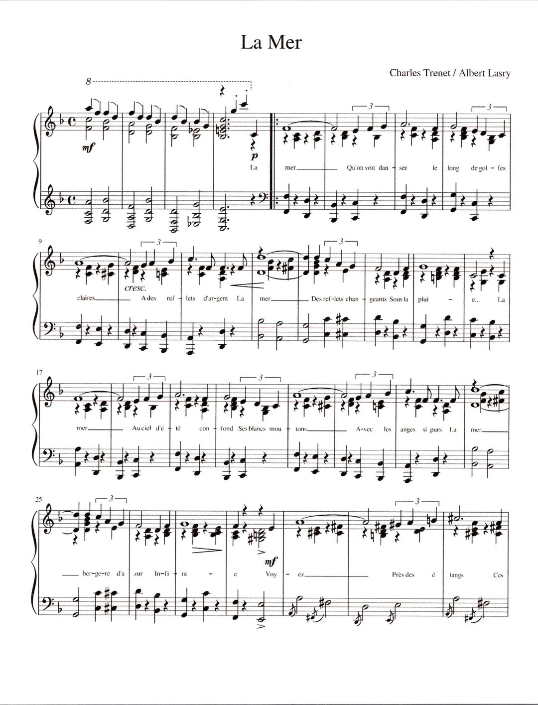 La Mer by Charles Trenet - Digital Sheet Music and Vocal - Key of F - Etsy