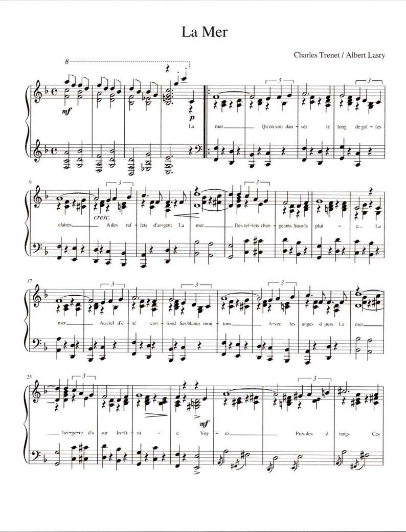 La Mer by Charles Trenet - Digital Sheet Music and Vocal - Key of F - Etsy