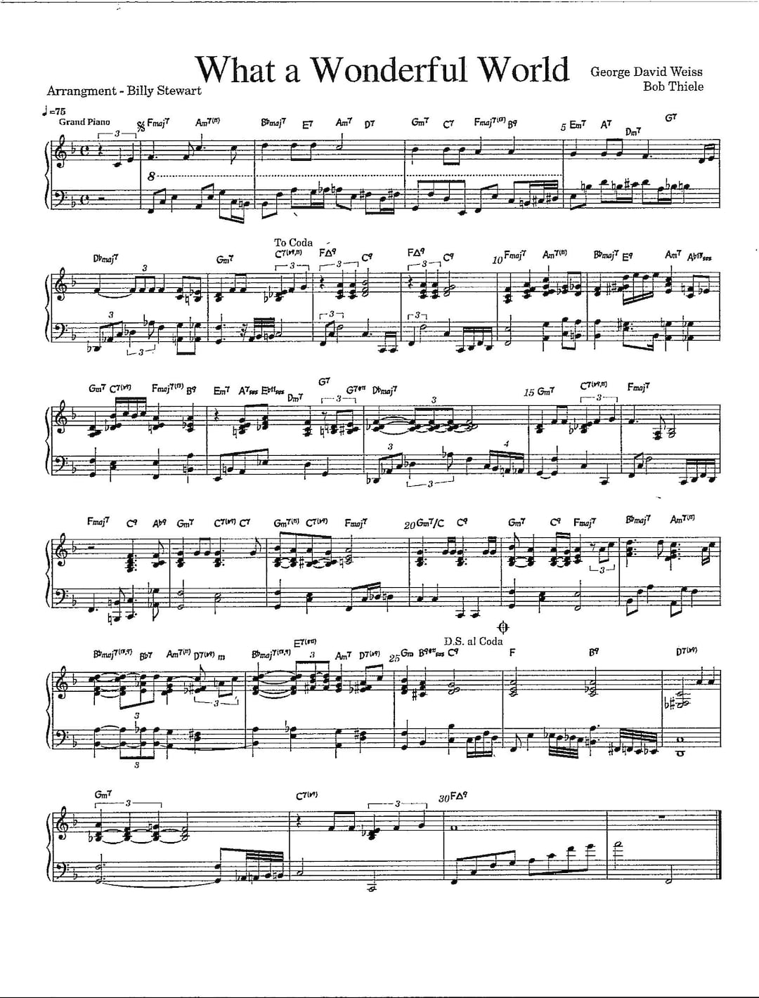 Digital Sheet Music: What a Wonderful World - Piano Solo Key of F - Etsy
