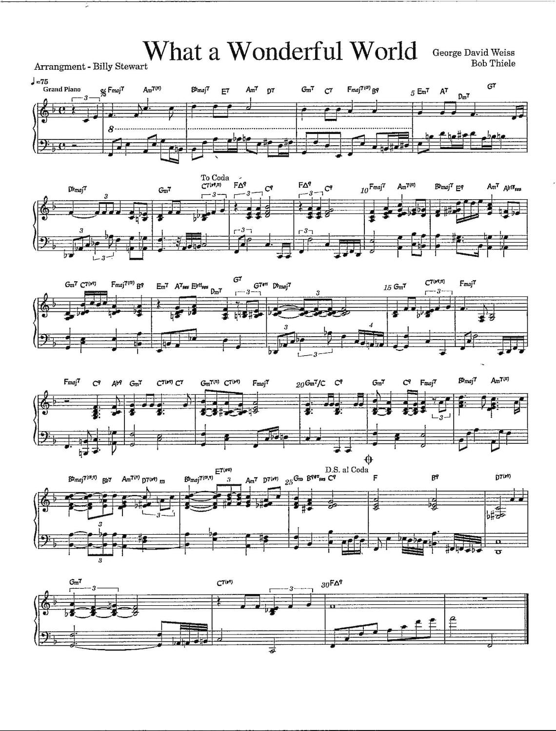 Digital Sheet Music: What a Wonderful World - Piano Solo Key of F - Etsy
