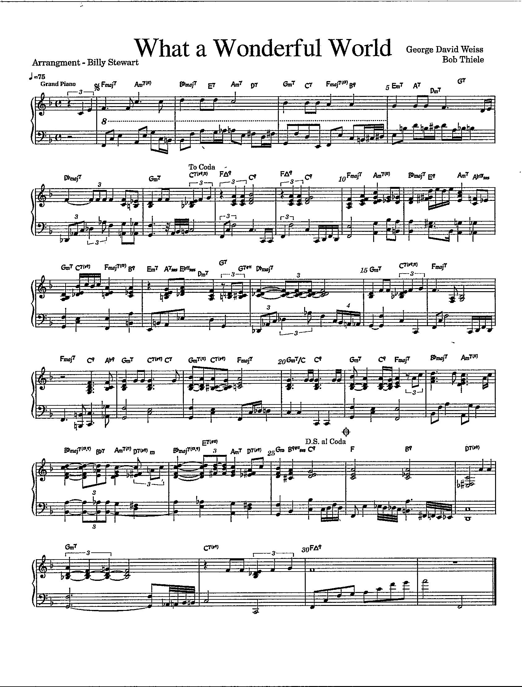 Digital Sheet Music: What a Wonderful World - Piano Solo Key of F - Etsy