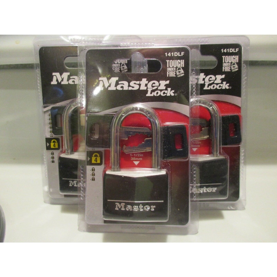 Lot of 3 MASTER LOCK 141DLF Black & Silver Long Shackle Padlock With 2 ...