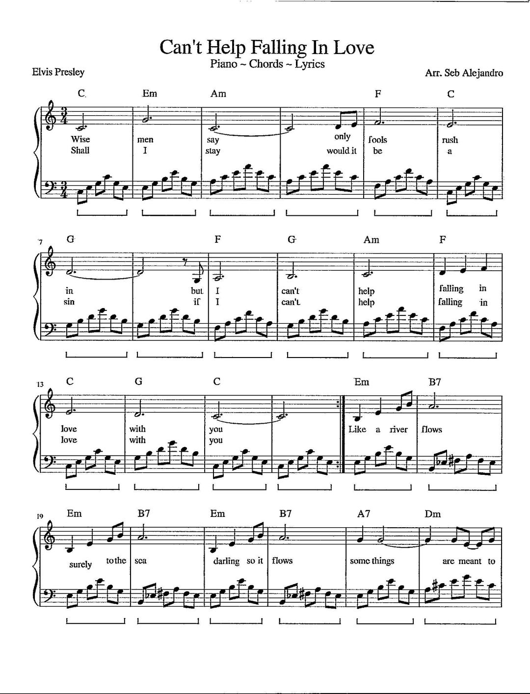 Can't Help Falling in Love - Piano Chords Lyrics - Digital Printable ...