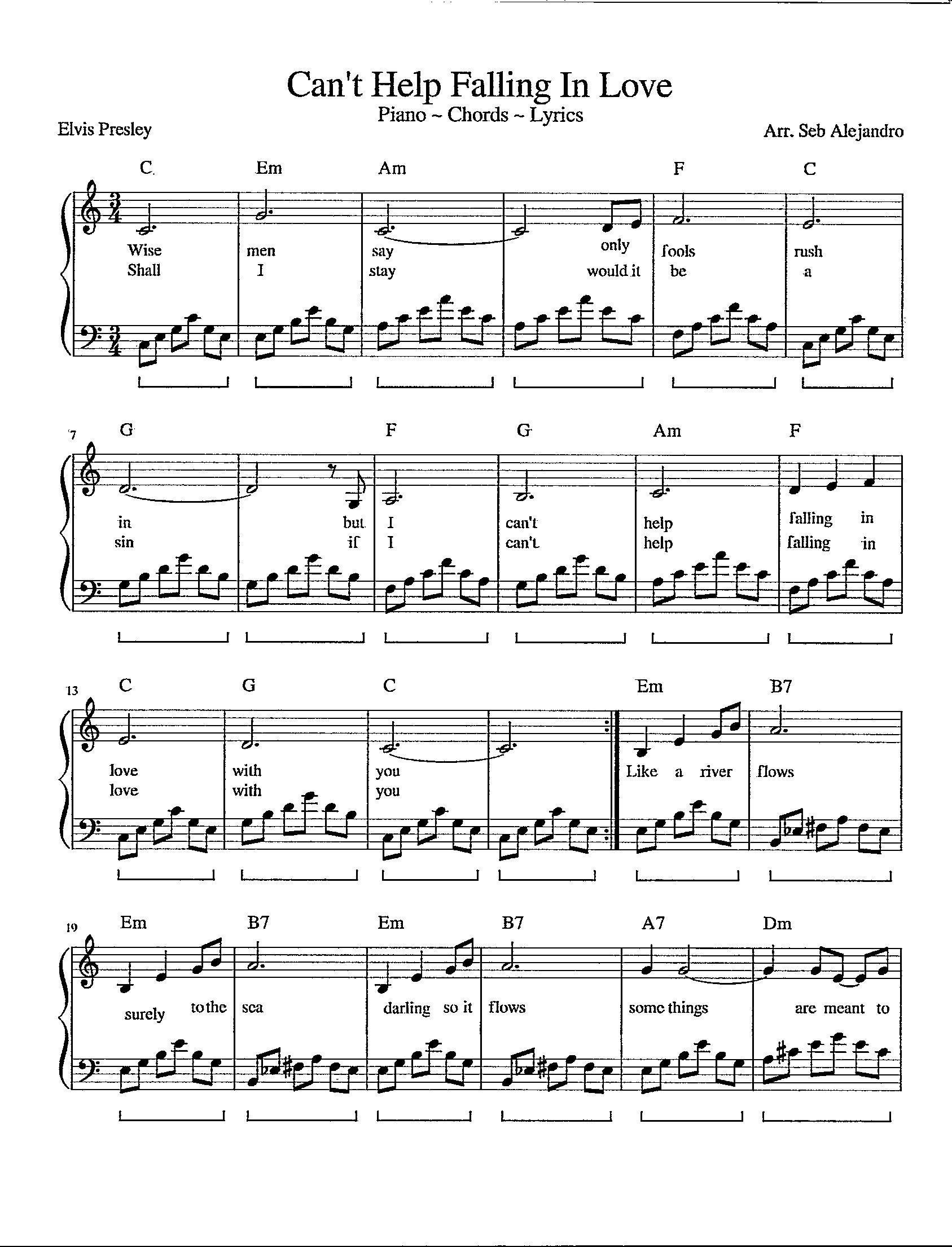 Can't Help Falling in Love - Piano Chords Lyrics - Digital Printable Sheet Music - Etsy
