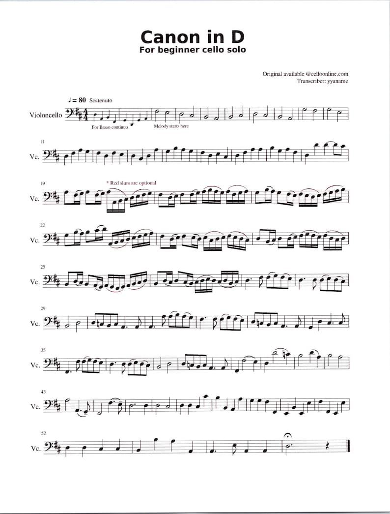 Canon in D Cello Sheet Music for Beginner (digital Download) - Etsy