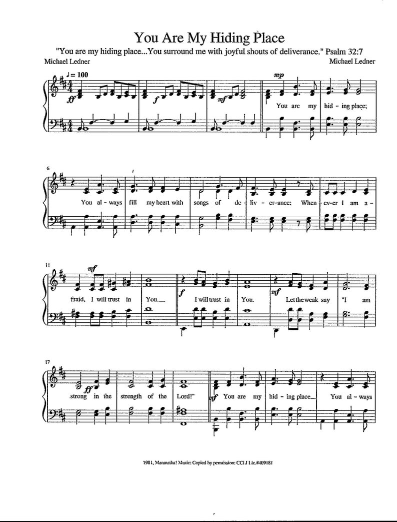 You Are My Hiding Place - Digital Piano With Lyrics Sheet Music - Etsy