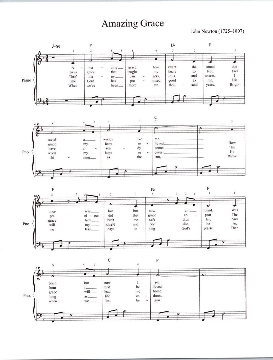 Amazing Grace - Easy Digital Hymn Tune Sheet Music - Key of F - Etsy