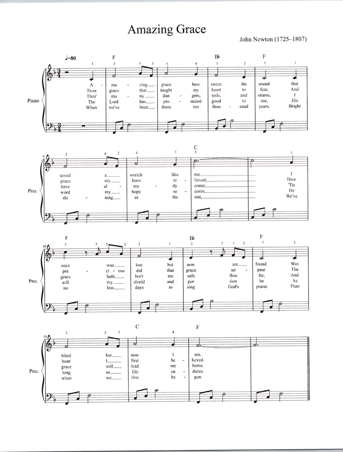 Amazing Grace - Easy Digital Hymn Tune Sheet Music - Key of F - Etsy