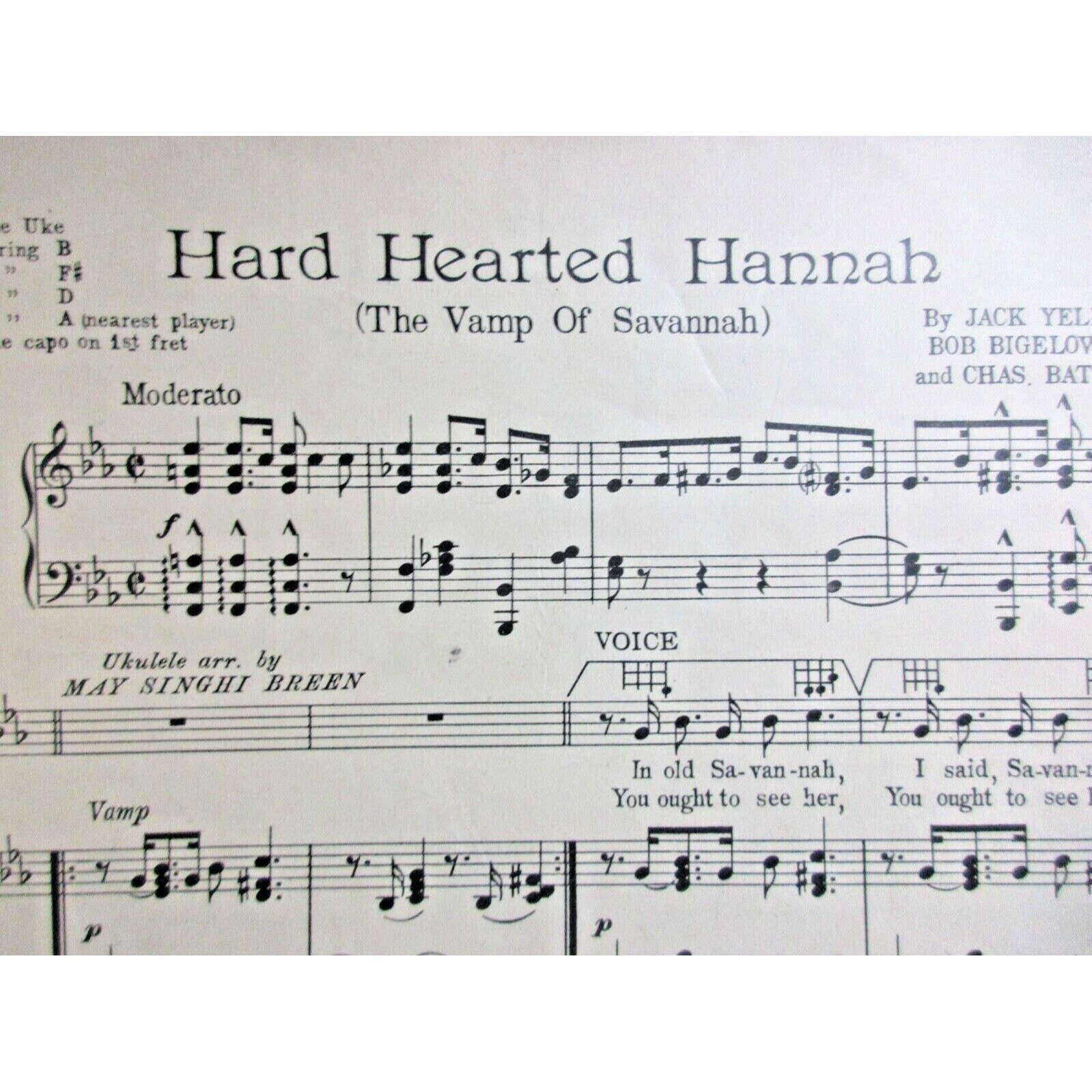 Sheet Music Hard Hearted Hannah Piano Ukulele Vocal 1924 Agner & Yellen ...