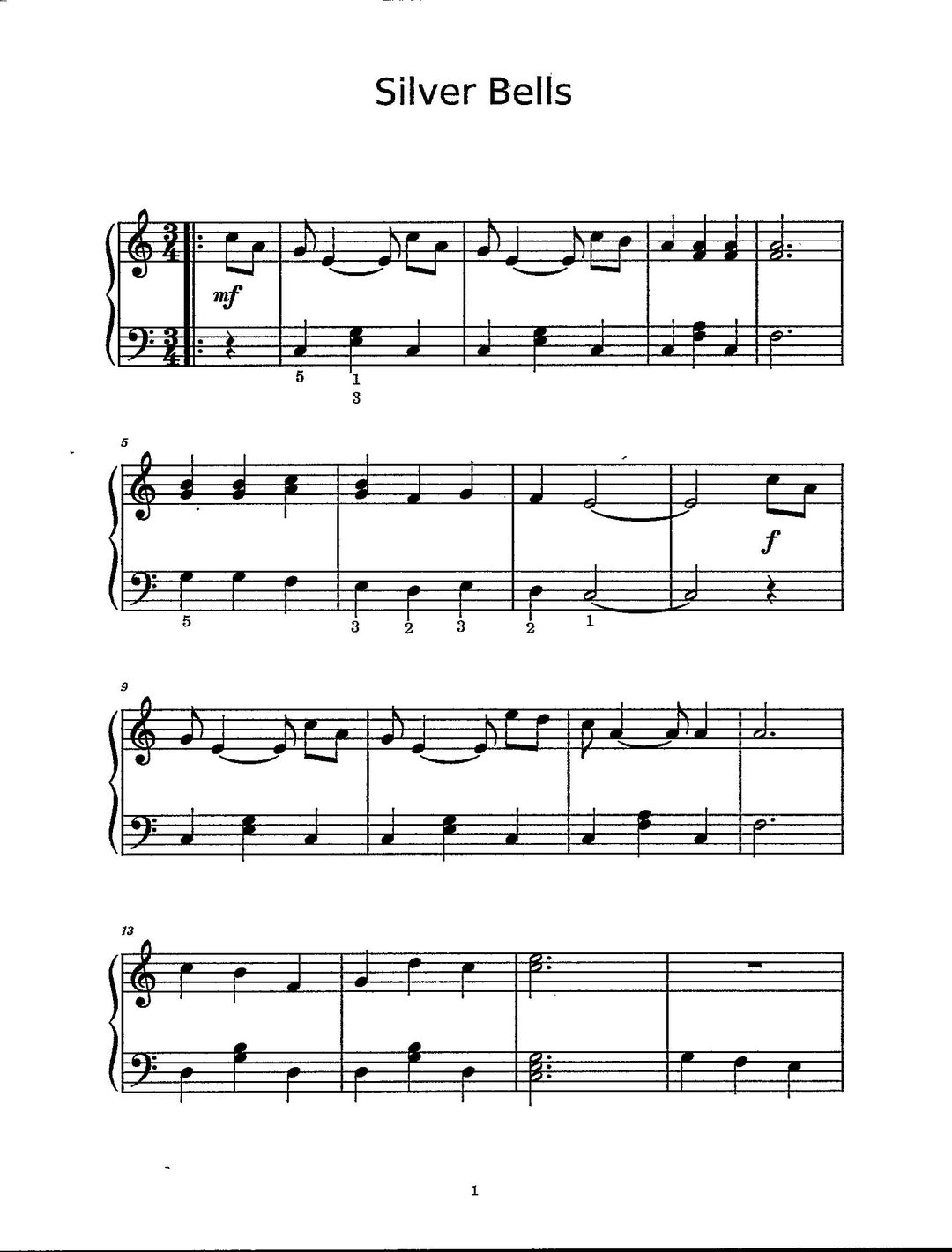 Silver Bells - Digital Easy Christmas Piano Solo Sheet Music - Key of C ...