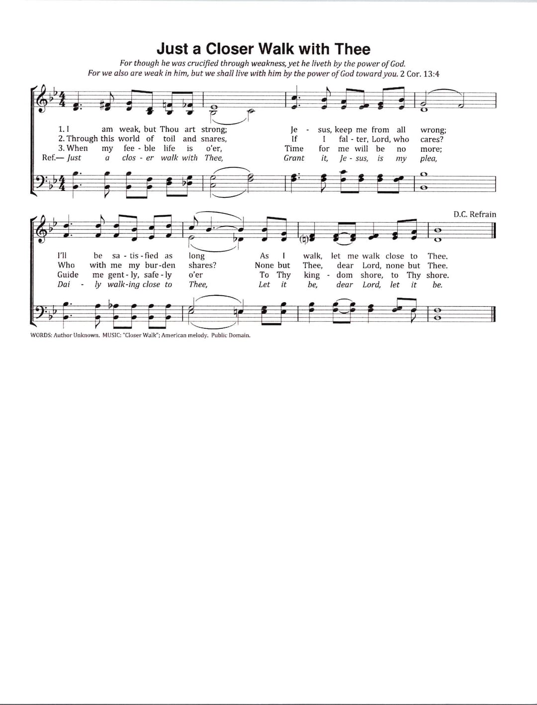 Just A Closer Walk With Thee Digital Hymn Tune Sheet Music Piano And