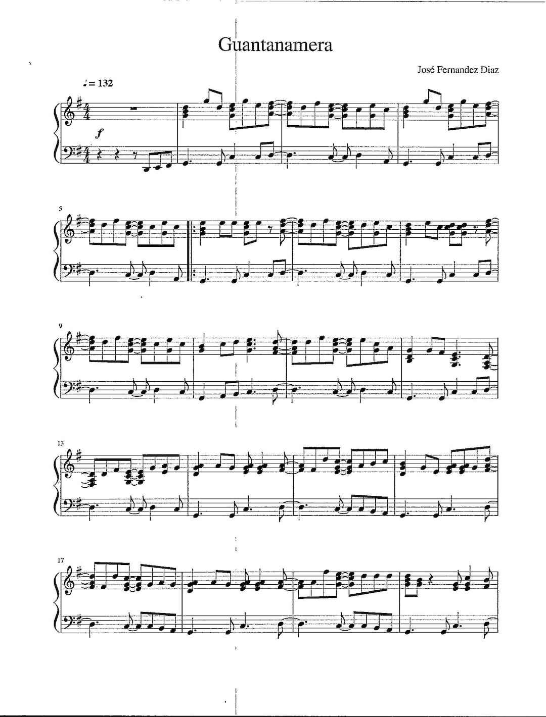 Digital Sheet Music: Guantanamera Piano Solo - Key of G - Etsy