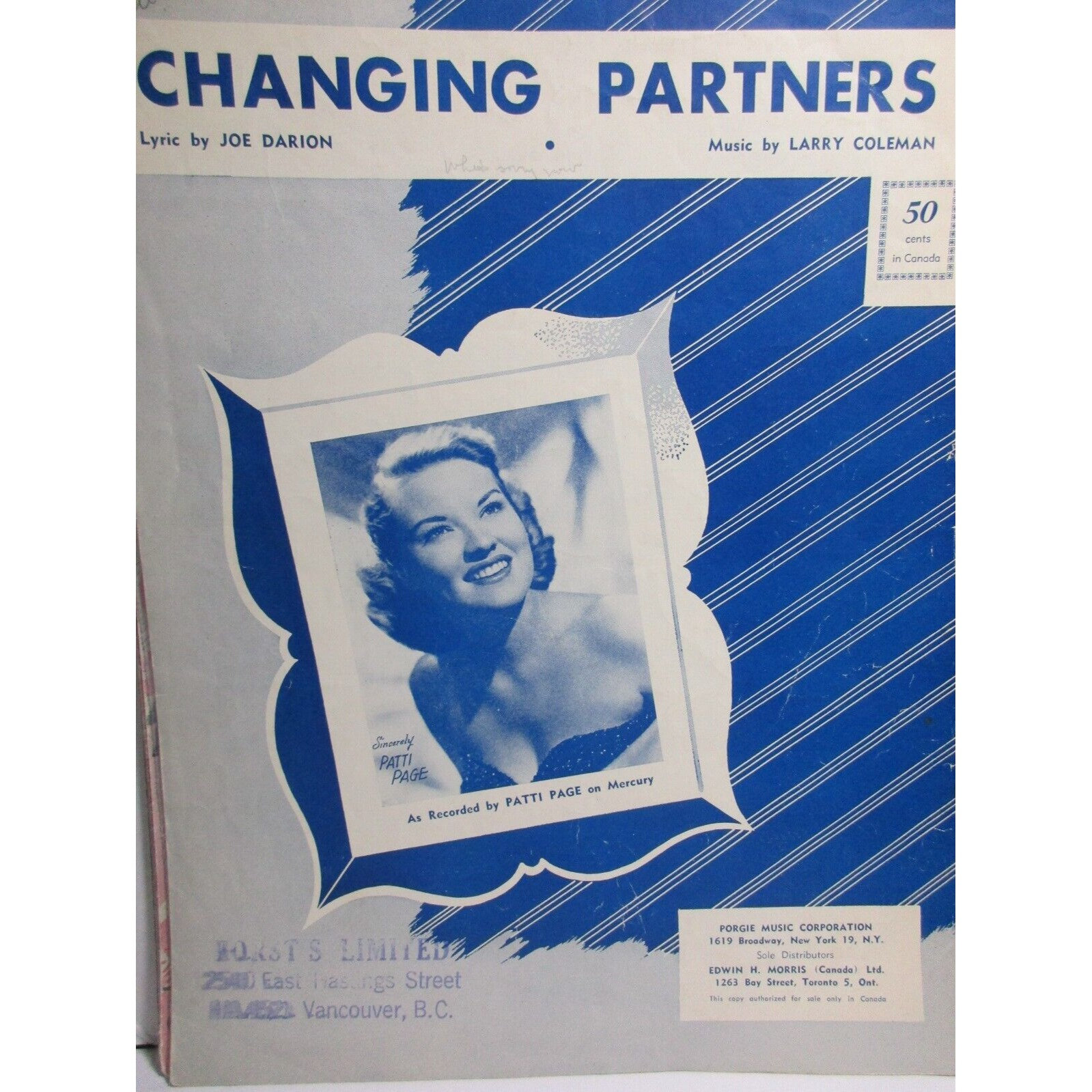 1953 Changing Partners Sheet Music by Patti Page Key of B Flat Porgie ...