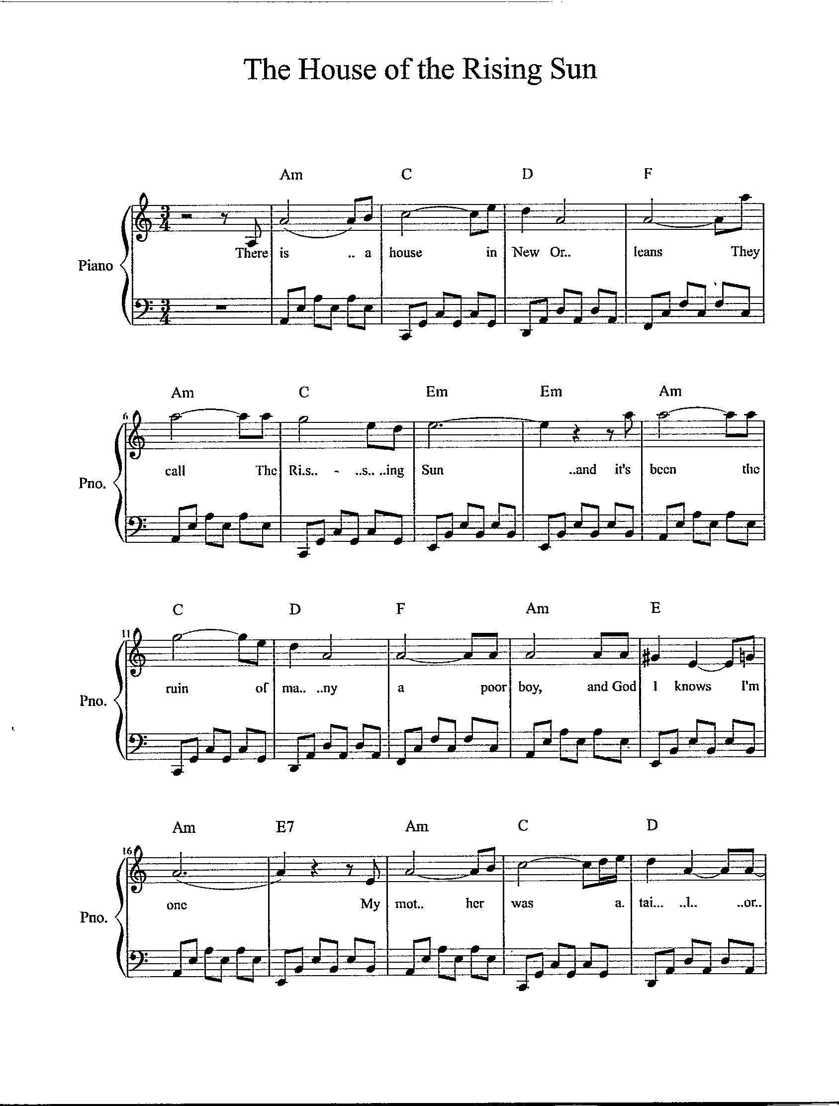 The House of the Rising Sun - Digital Piano Arrangement With Lyrics ...