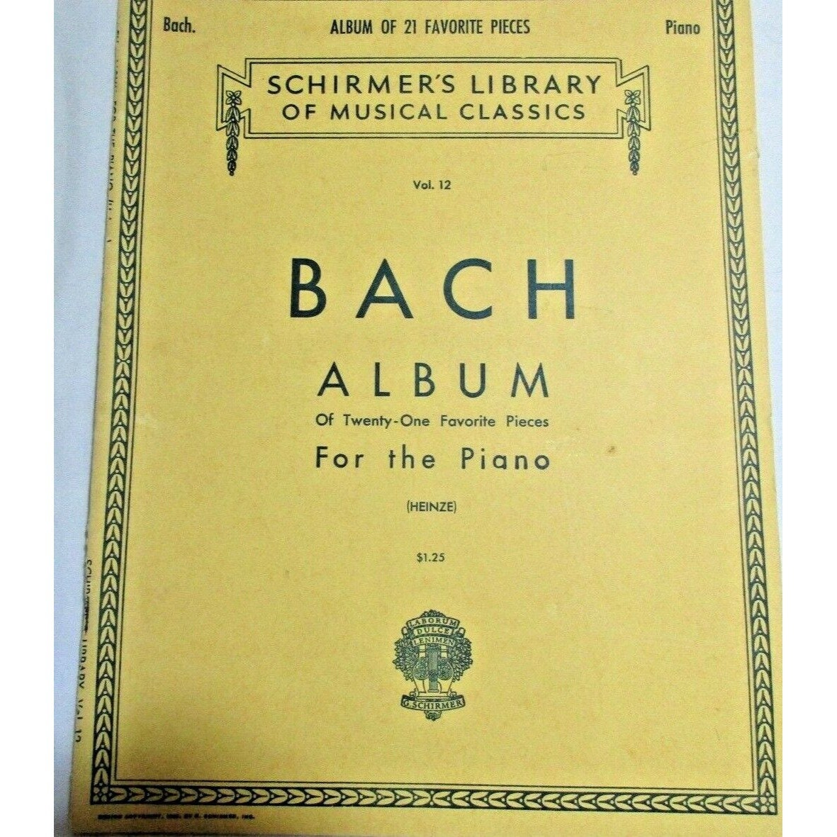 Bach Album of 21 Favorite Pieces for the Piano Vol 12 Schirmers Library ...