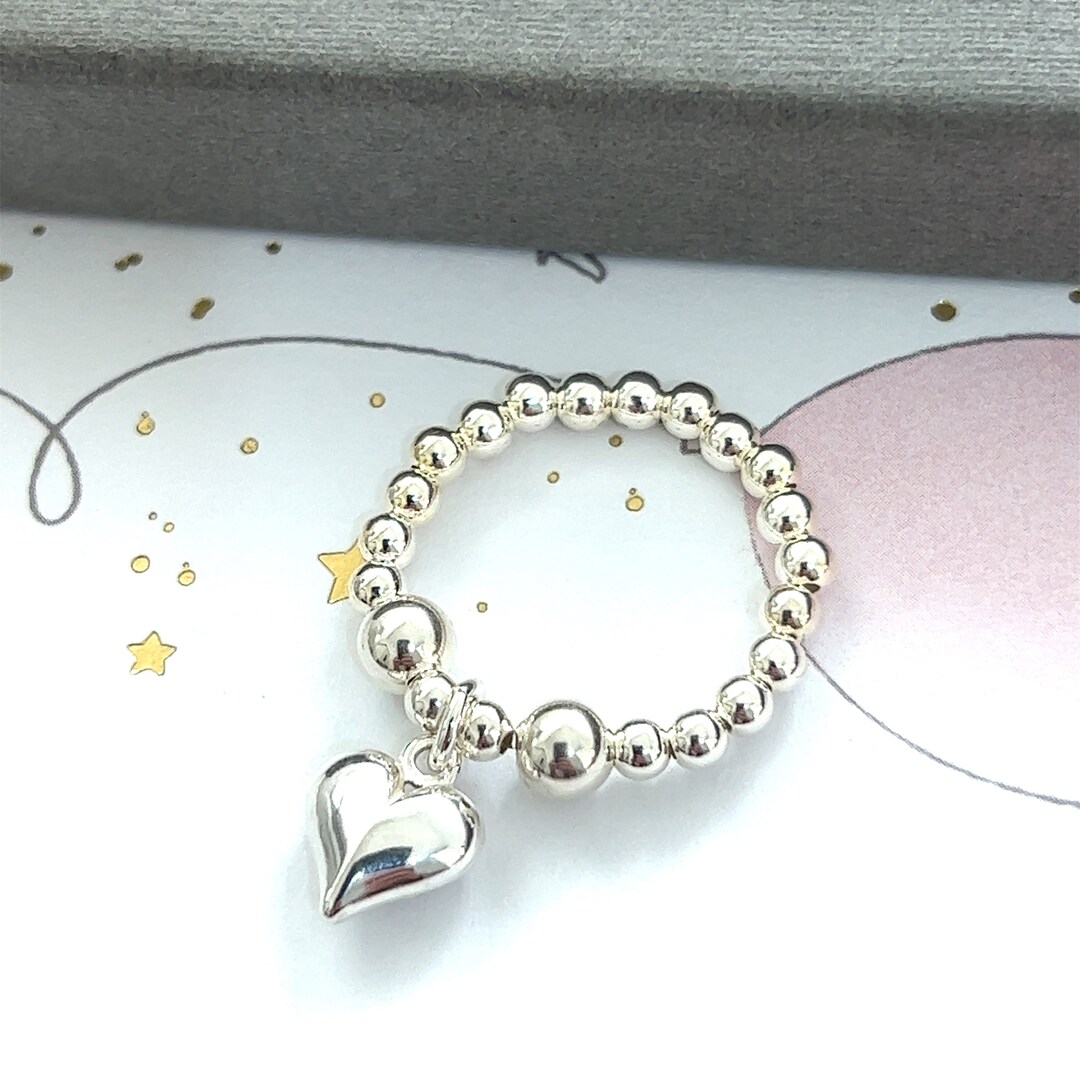Sterling Silver Stretch Ring Beaded Ring With a Heart Charm - Etsy UK