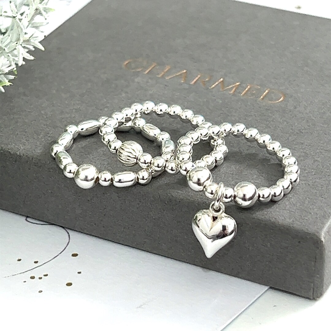 Sterling Silver Stretch Ring Set 3 Stretch Rings With Heart Charm ...