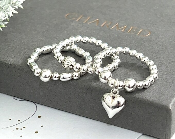 Sterling Silver Stretch Ring Set 3 Stretch Rings With Heart Charm ...