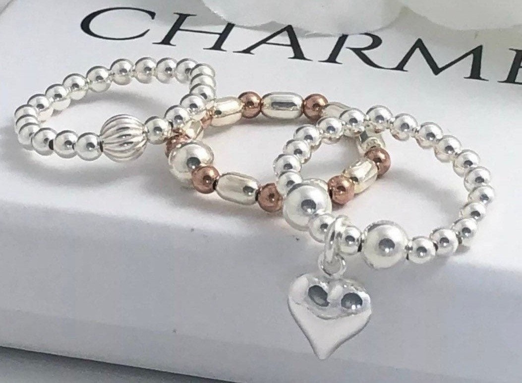 Sterling Silver Stretch Ring Set 3 Stretch Rings With Heart - Etsy UK